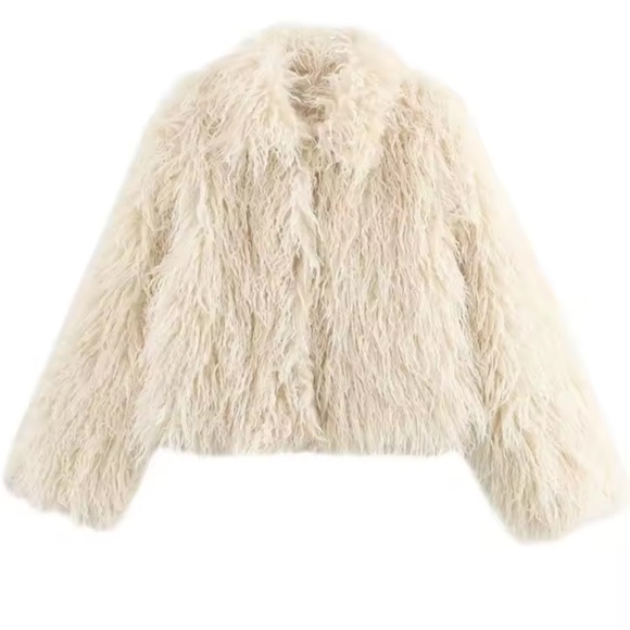 Jackets & Coats | Cream Shaggy Faux Fur Jacket Faux Feather Warm Fluffy ...